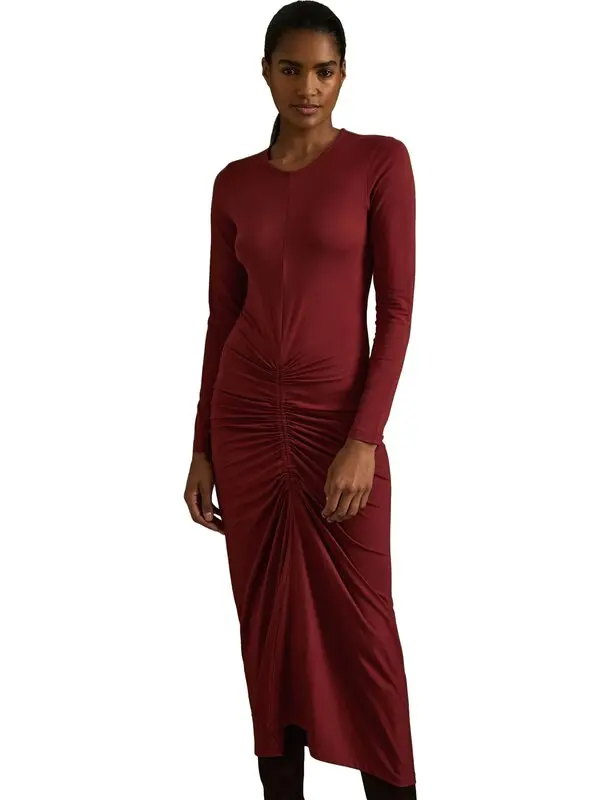 REISS Ginny Ruched Jersey Midi Dress - Burgundy