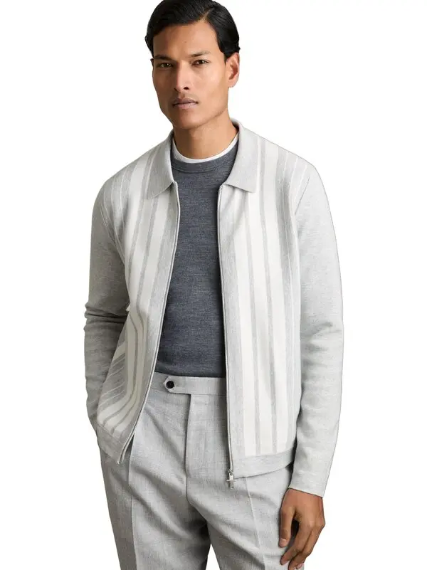 REISS Ambient Striped Zip Knitted Jacket - Grey Melange/white
