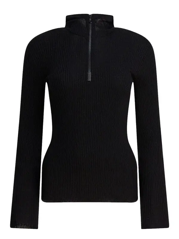 Brunello Cucinelli Hooded Half-zip Ribbed Knit Sweater - Black
