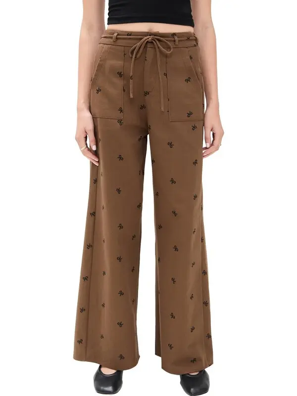 LITTLE LIES Bow Pattern Twill Pants - Chocolate