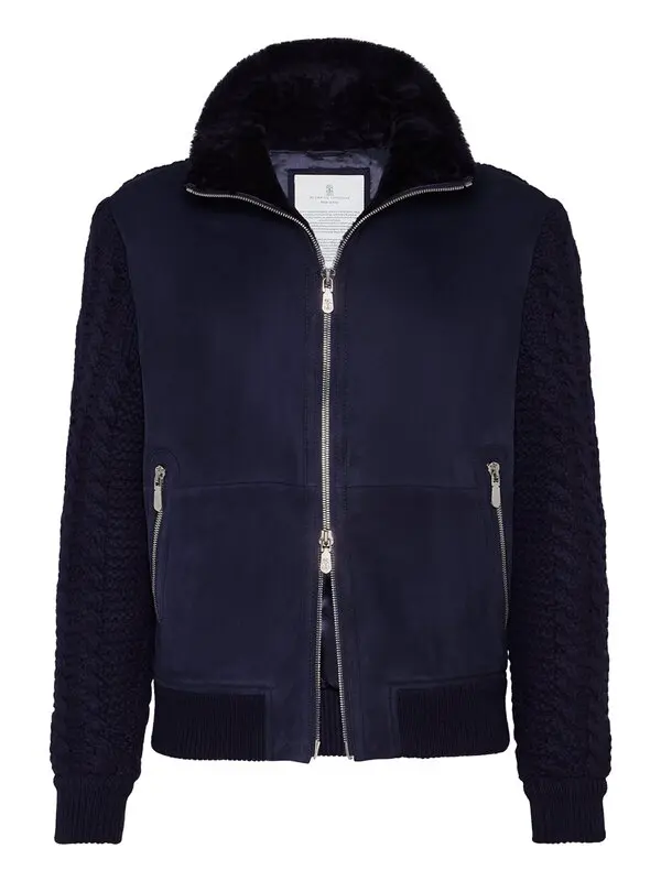 Brunello Cucinelli Suede And Knit Bomber Jacket - Blue