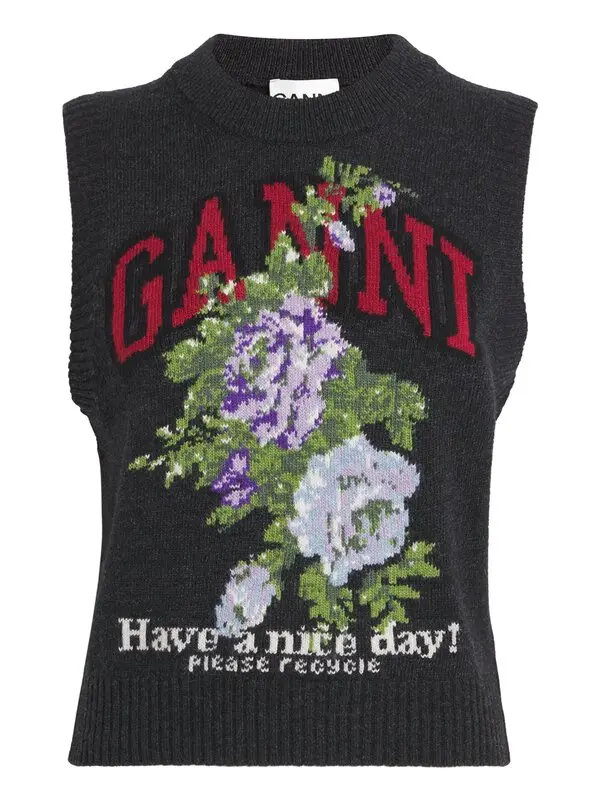 GANNI Wool Jacquard Floral Sweater Vest - Black