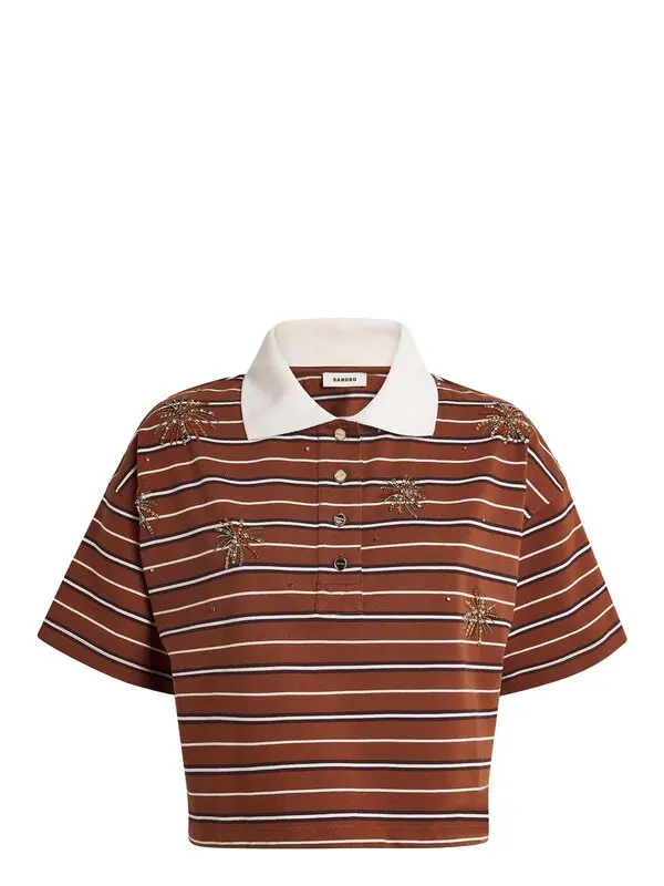 Sandro Cotton Stripe Embellished Polo Shirt - Brown