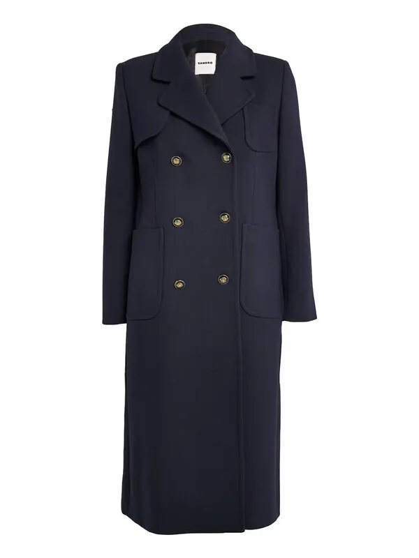 Sandro Double-breasted Long Coat - Blue