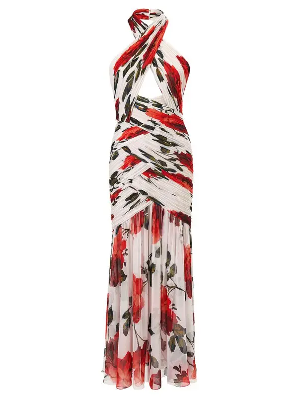 Carolina Herrera Cross-front Stemmed-rose-printed Chiffon Midi Dress - Ivory