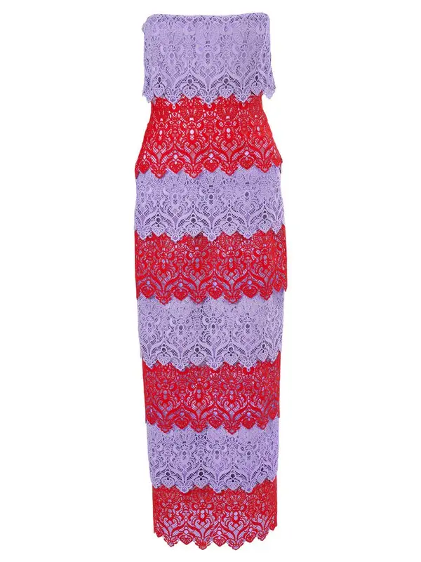 Carolina Herrera Strapless Floral Lace Maxi Dress - Red