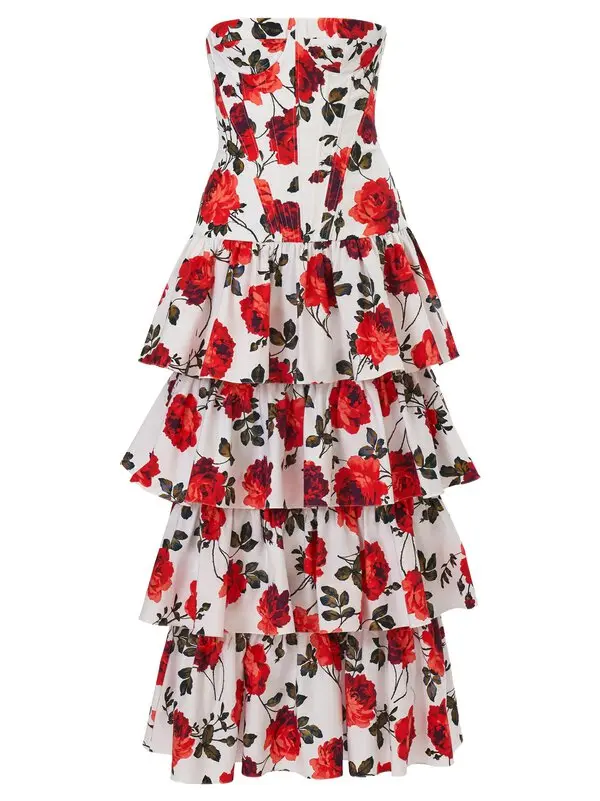 Carolina Herrera Strapless Tiered Rose Print Stretch-cotton Dress - White
