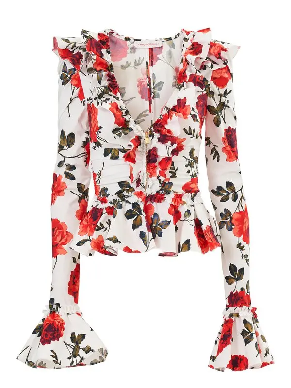 Carolina Herrera Floral Print Ruched Stretch-cotton Blouse - White