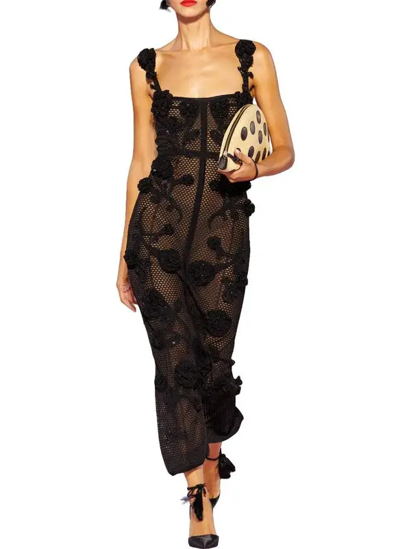 Carolina Herrera Crocheted Midi Dress With 3d Florals - Black