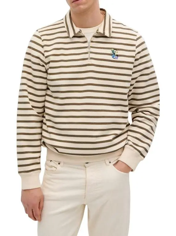 SCALPERS Striped Half-zip Polo Sweatshirt - Khaki