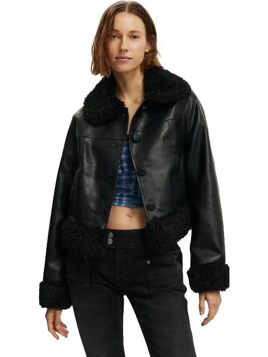 COTTON ON Faux Fur Trim Jacket - Black