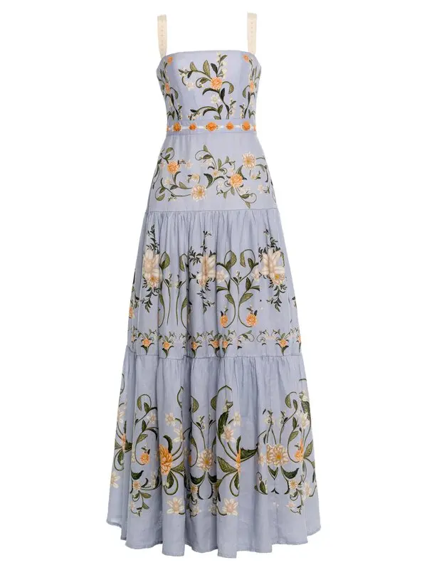Agua Bendita Lima Linen Maxi Dress With Floral Embroidery - Print