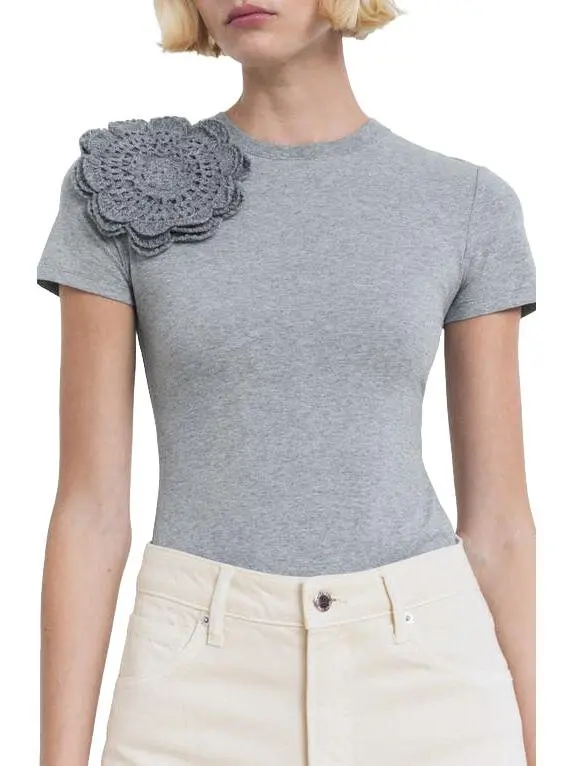 Mango 3d Flower Stretch Cotton T-shirt - Medium Heather Grey