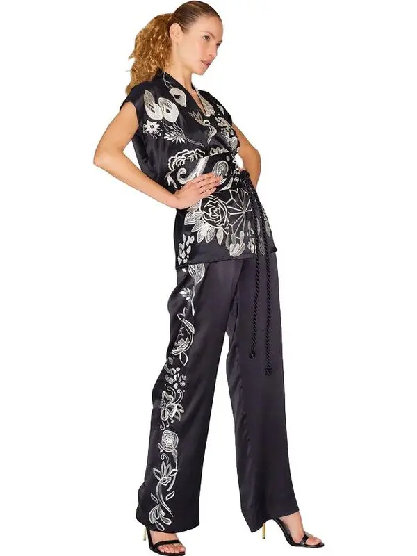 Natori Couture Nouveau Embroidered Silk Pants - Black