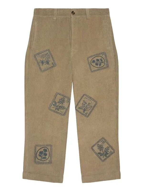 BAZISZT Floral-embroidered Cotton Pants - Beige