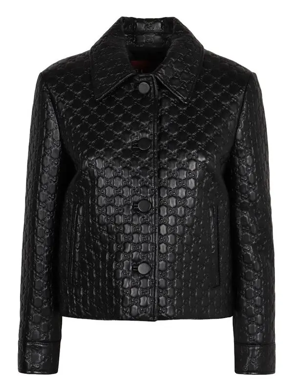Gucci Leather Jacket With Gg Motif - Black