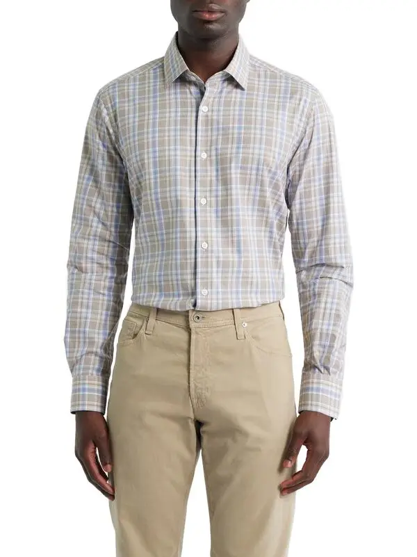 Scott Barber Canclini Regular Fit Plaid Cotton Poplin Button-up Shirt - Khaki