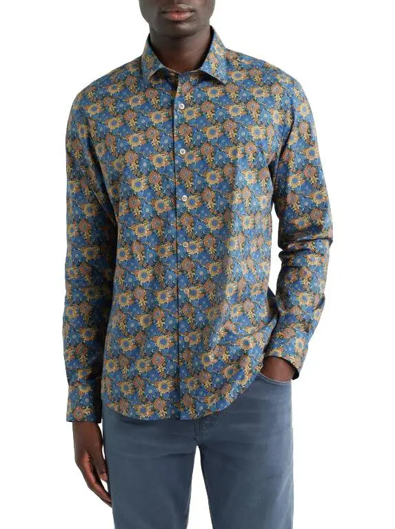 Scott Barber Canclini Regular Fit Floral Cotton Button-up Shirt - Blue