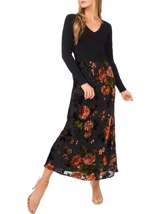 Ted Baker London Mixed Media Long Sleeve Midi Dress - Rich Black