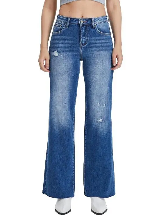 BAYEAS High-waist Wide-leg Jeans With Raw Hem - Azure
