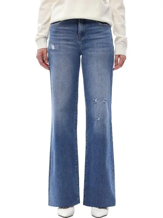 BAYEAS High-waist Wide-leg Jeans With Raw Hem - Light Blue