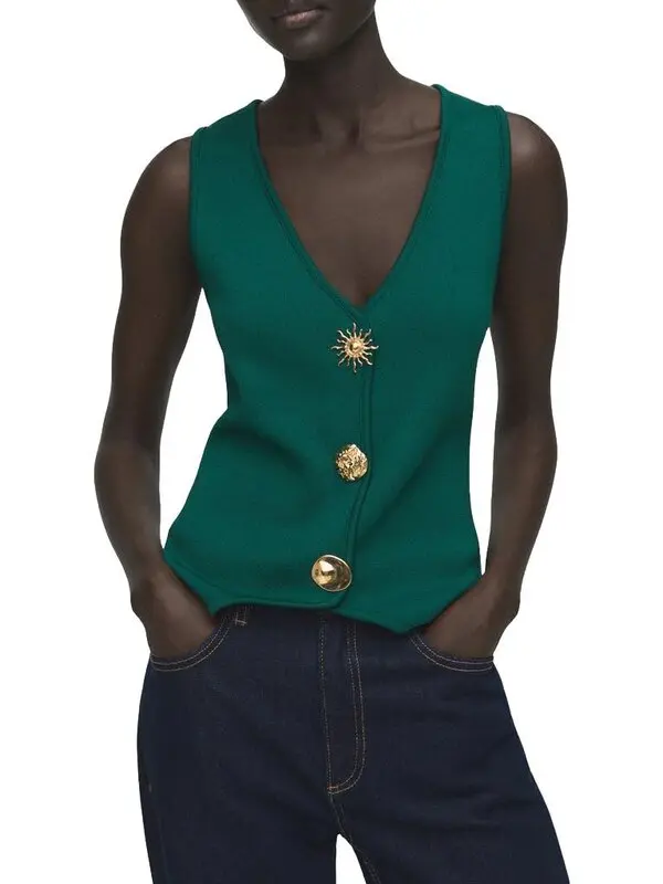 Mango Jewel Button Knit Vest - Dark Green