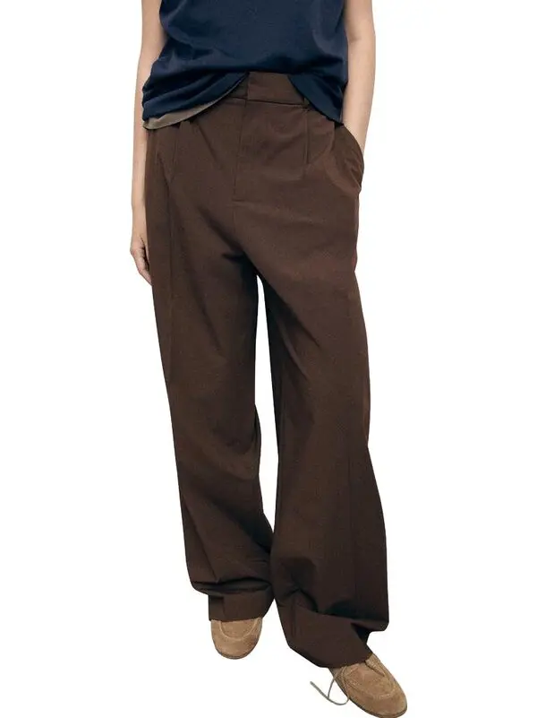 Mango Pleated Wide Leg Trousers - Brown