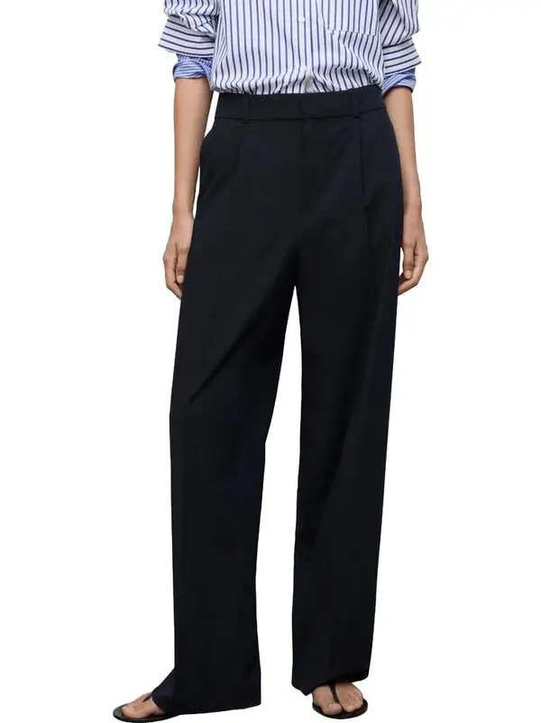 Mango Pleated Wide Leg Trousers - Navy
