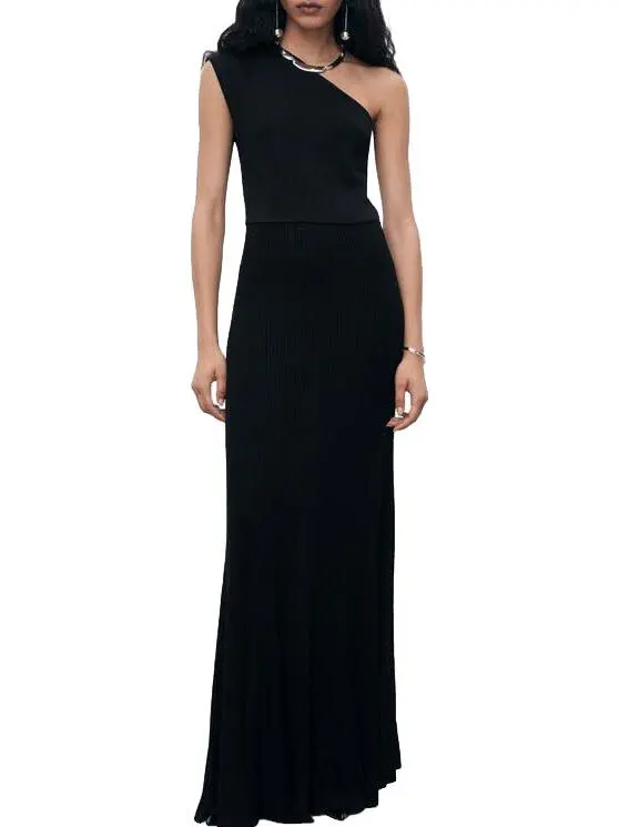Mango One-shoulder Rib Maxi Dress - Black