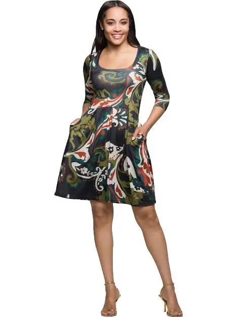 24SEVEN COMFORT APPAREL Paisley Print Fit And Flare Dress - Green Multi