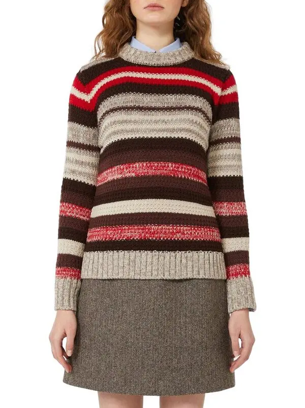 Max Mara Ilde Stripe Virgin Wool Crewneck Sweater - Red