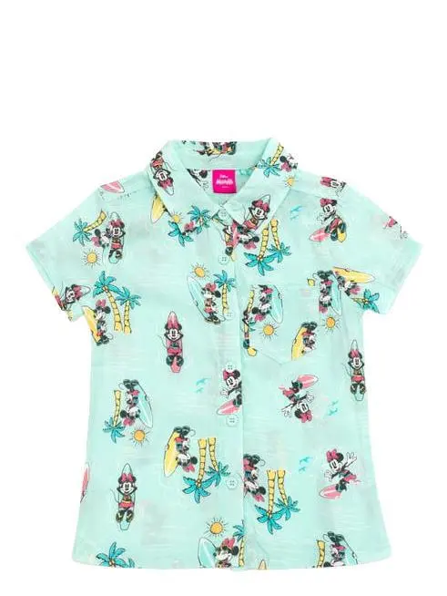 Disney Printed Short Sleeve Button-up Shirt - Minnie Mouse Green