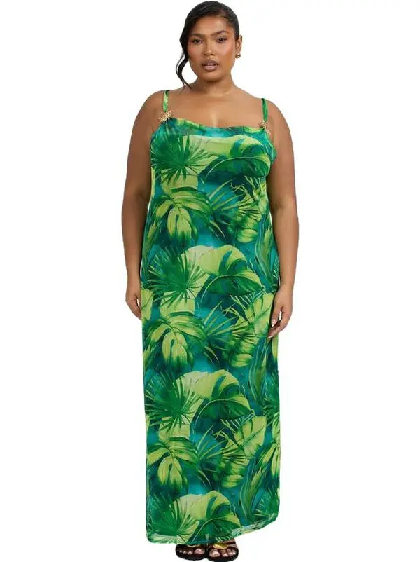 FASHION-SZN CURVE Printed Trim Maxi Dress - Green