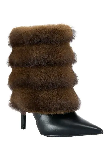 AZALEA WANG Faux Fur Pointed Toe Booties - Black