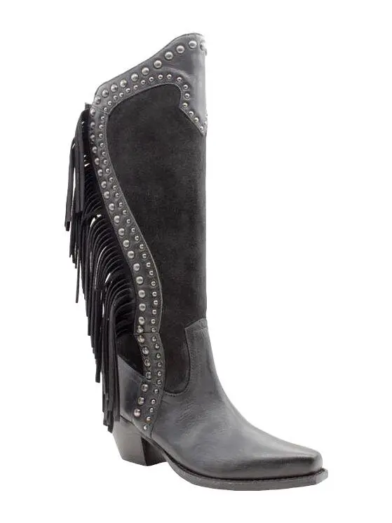 VOLATILE Palomino Knee-high Western Boot With Fringe - Black