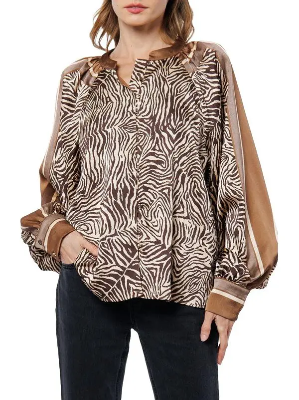 CIEBON Amber Printed Balloon Sleeve Button-up Shirt - Brown Multi