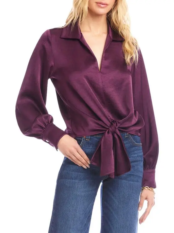 Karen Kane Tie Front Satin Top - Eggplant