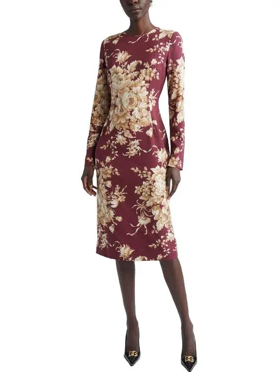 Dolce & Gabbana Print Long Sleeve Stretch Silk Charmeuse Sheath Dress - Rose