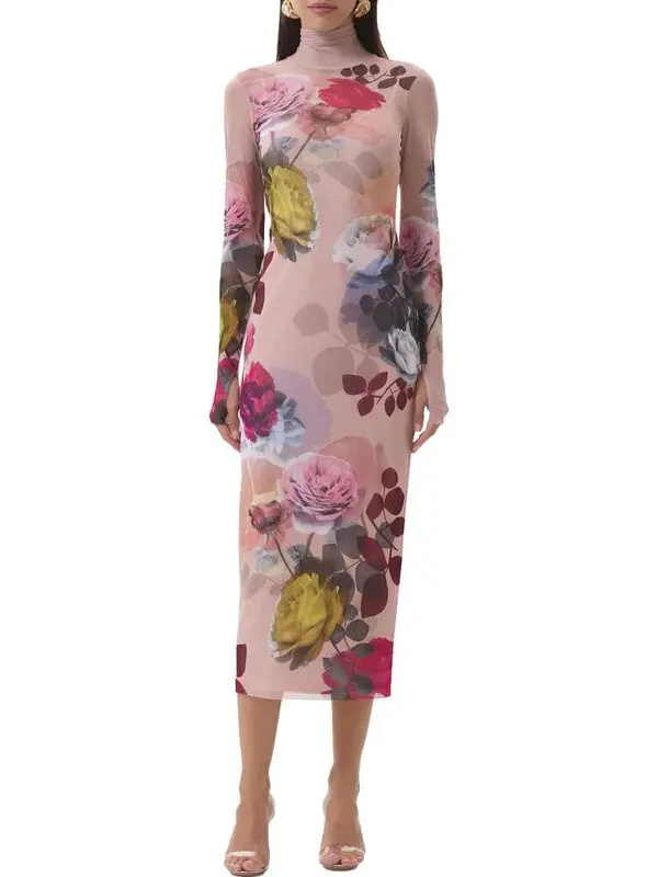 AFRM Shailene Printed Midi Dress - Placed Photo Rose