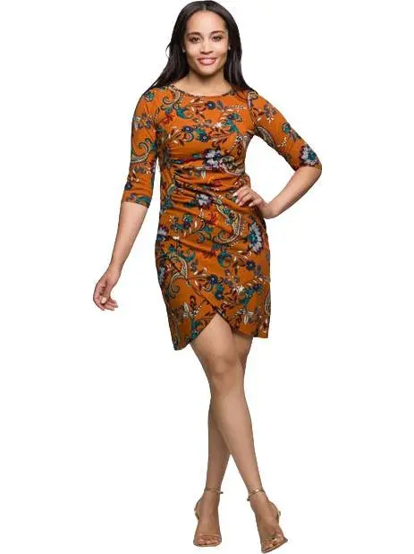 24SEVEN COMFORT APPAREL Elbow Sleeve Ruched Tulip Print Mini Dress - Orange Multi