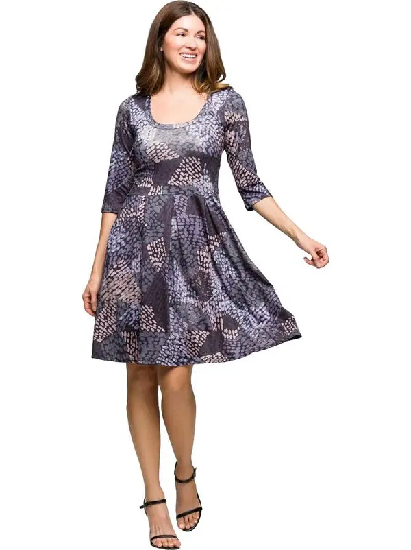 24SEVEN COMFORT APPAREL Printed Three Quarter Sleeve Fit And Flare Dress - Gray Multi