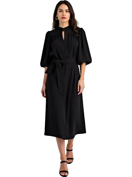 MODENAIRE Puff Sleeve Midi Dress With Belt - Black