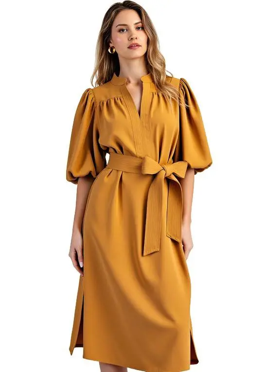 MODENAIRE Puff Sleeve Midi Dress With Belt - Mustard Yellow