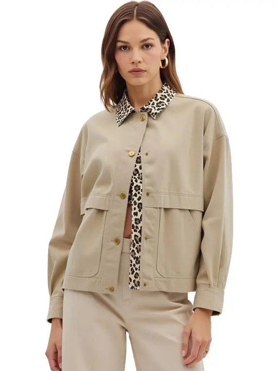 MODENAIRE Cropped Utility Jacket With Leopard Collar - Beige/leopard Print