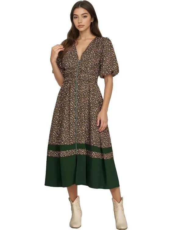 KNIT & LOUNGE Floral Print Zip Front Midi Dress - Brown /green Floral