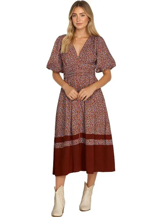 KNIT & LOUNGE Floral Print Zip Front Midi Dress - Brown/rust Floral