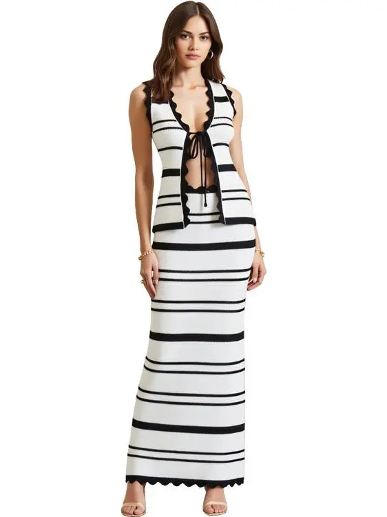MODENAIRE Striped Tie-front Top And Maxi Skirt Set - Black/white Stripes