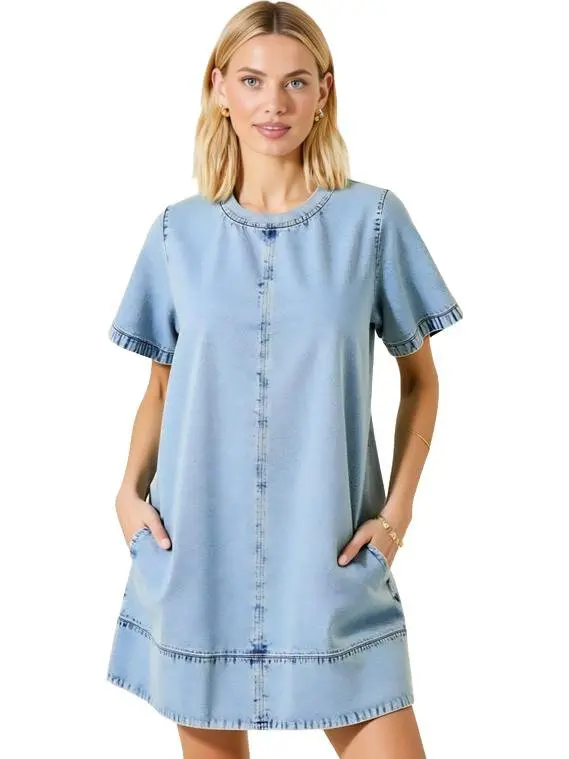 MODENAIRE Denim Mini Dress With Pockets - Light Blue