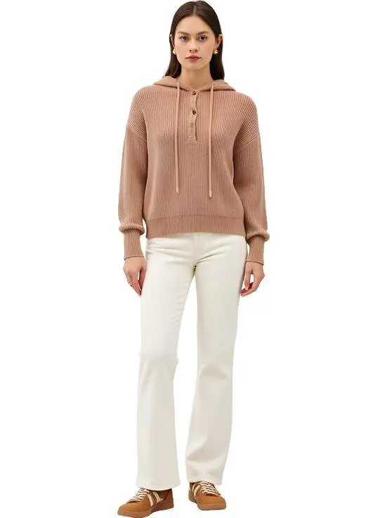 MODENAIRE Knit Button-front Hoodie With Drop Shoulders - Light Beige