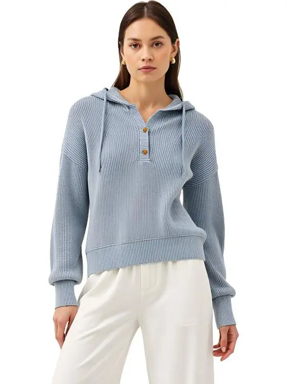 MODENAIRE Knit Button-front Hoodie With Drop Shoulders - Light Beige